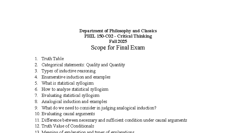 PHIL 150 Fall 2025 Final Exam Scope: Critical Thinking Topics - Studocu