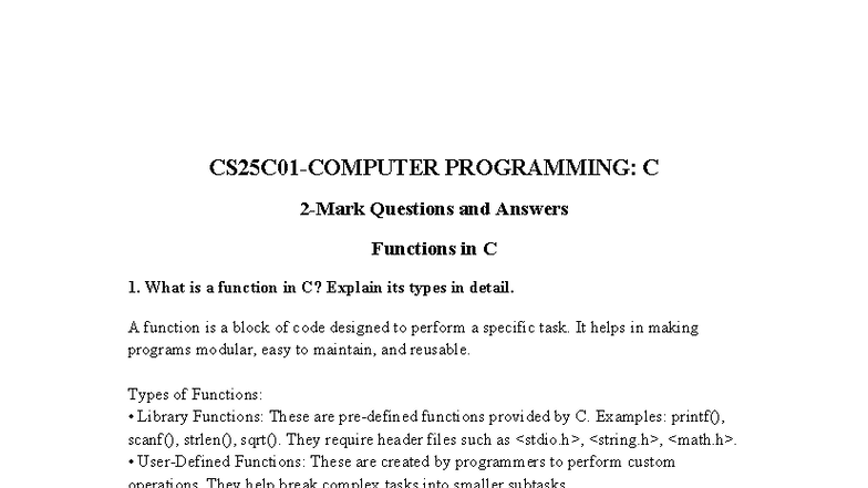 C Programming: Functions Q&A - Types, Declarations & More - Studocu