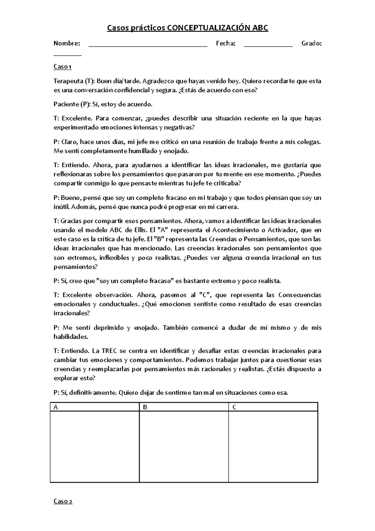 Casos prácticos TCC: Conceptualización ABC (Ejemplos de Terapia) - Studocu