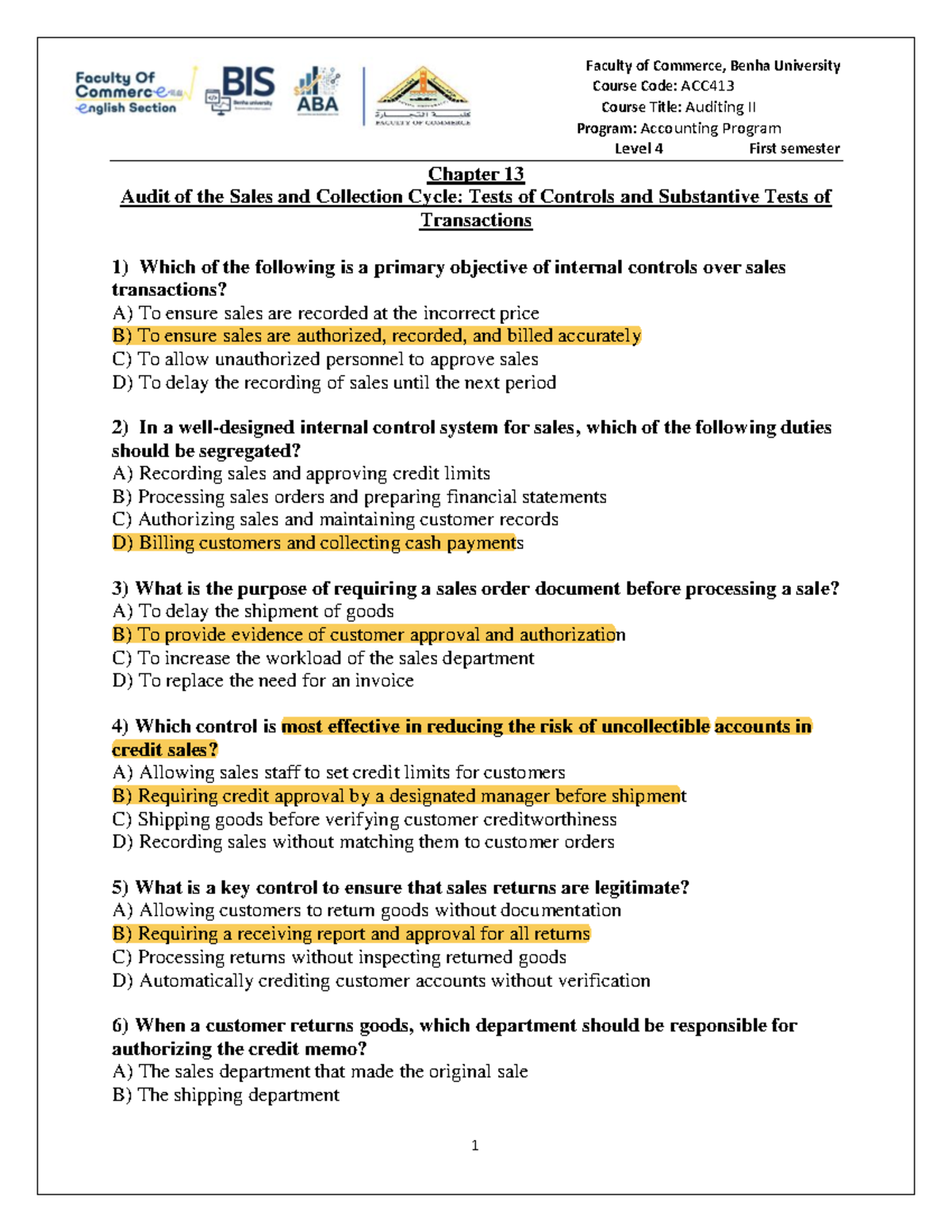 ACC413 Auditing II: Chapter 13 - Sales & Collection Cycle Controls ...