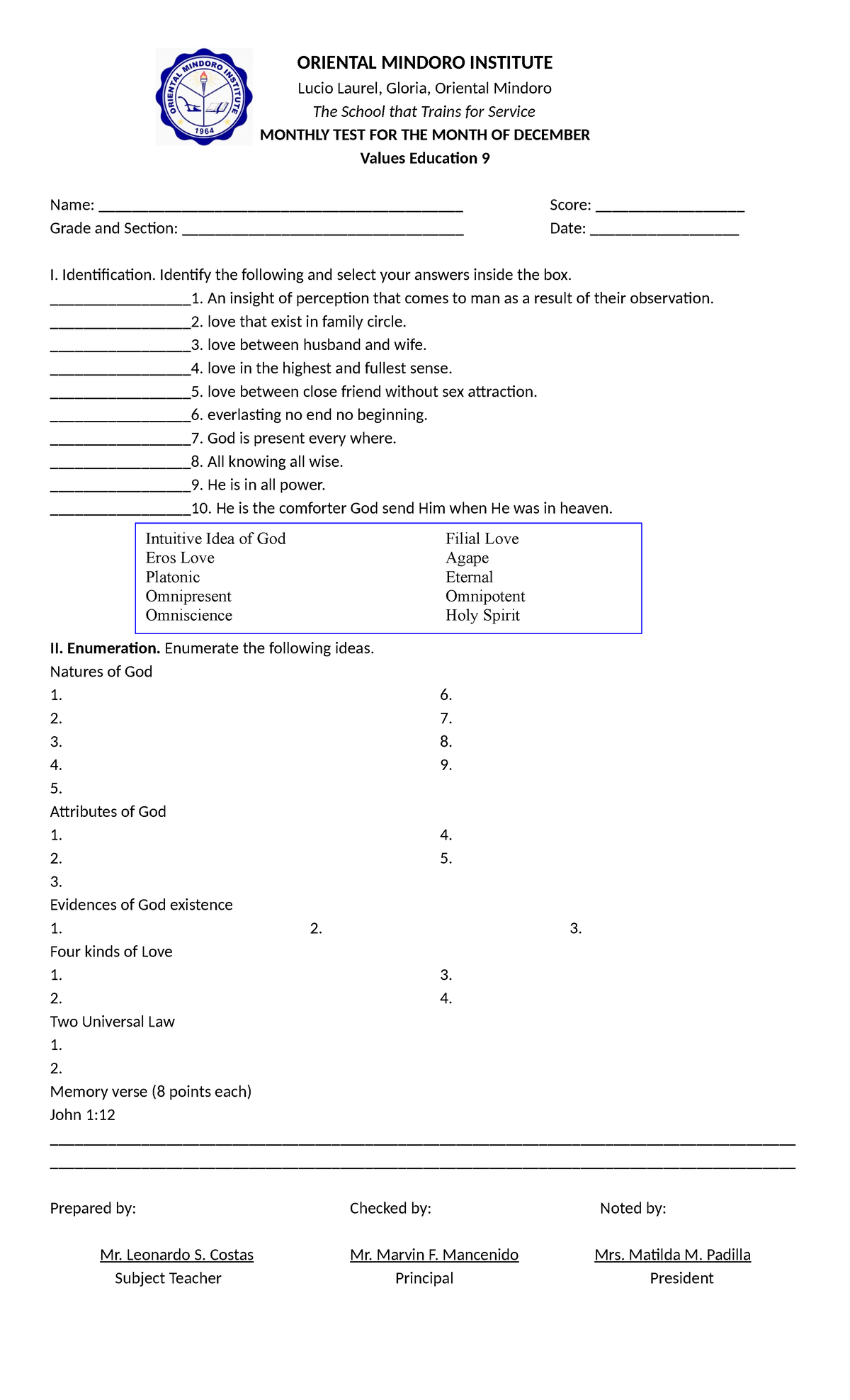 December-Test - PRACTICE EXAM - ORIENTAL MINDORO INSTITUTE Lucio Laurel ...