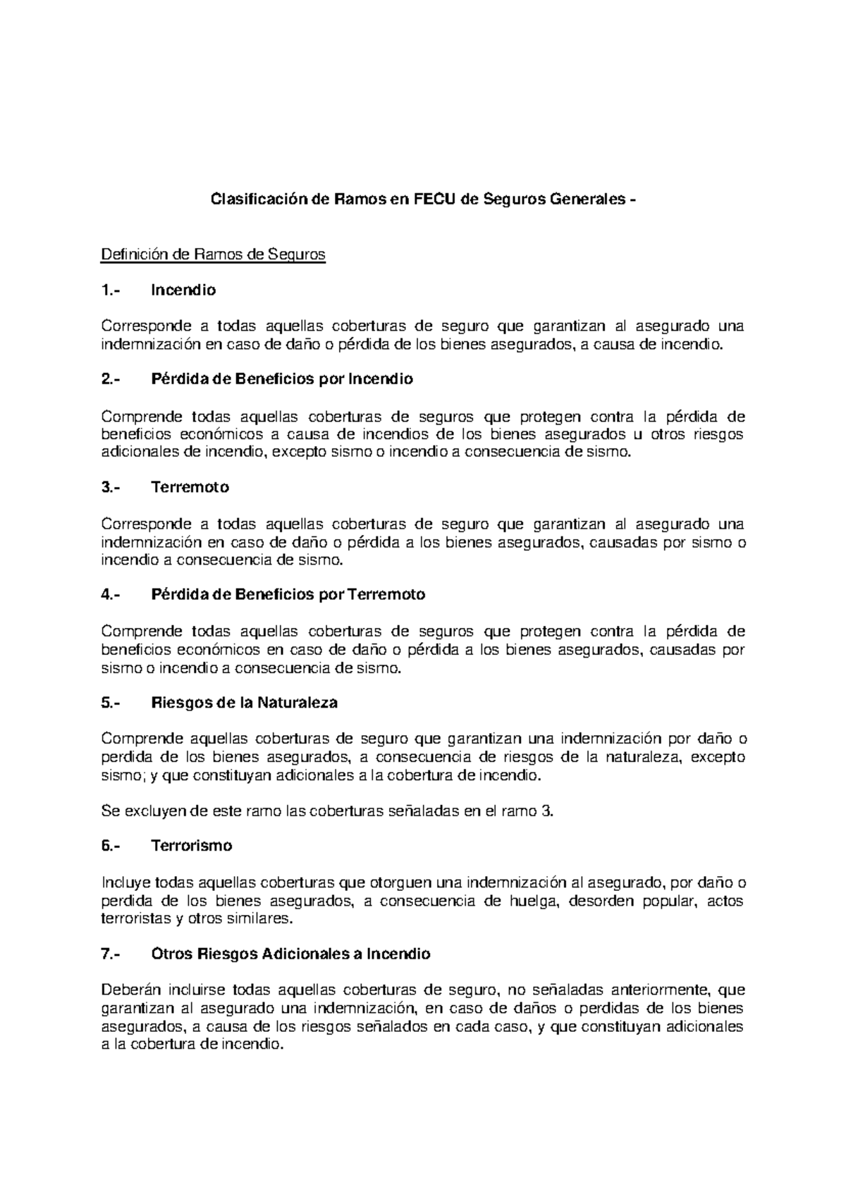 Clase FECU - Apuntes sobre Clasificación de Ramos de Seguros - Studocu