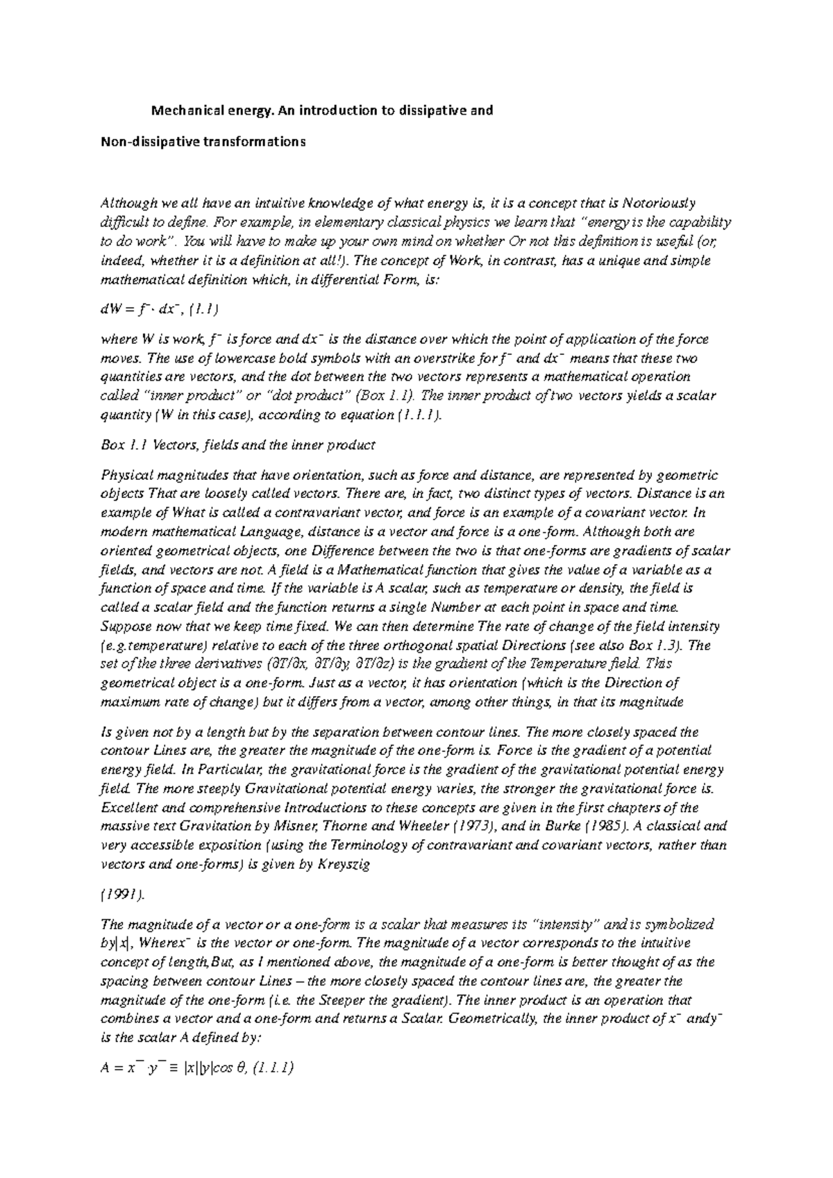 MECH 101 Lecture Notes: Introduction to Mechanical Energy Concepts ...