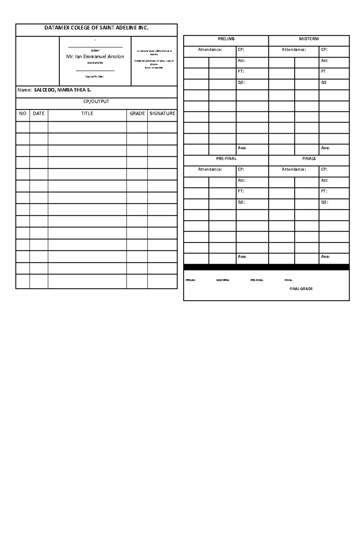 DATAMEX COLLEGE GRADE CARD - MR. IAN E. ARSOLON - 4 STUDENTS - Studocu