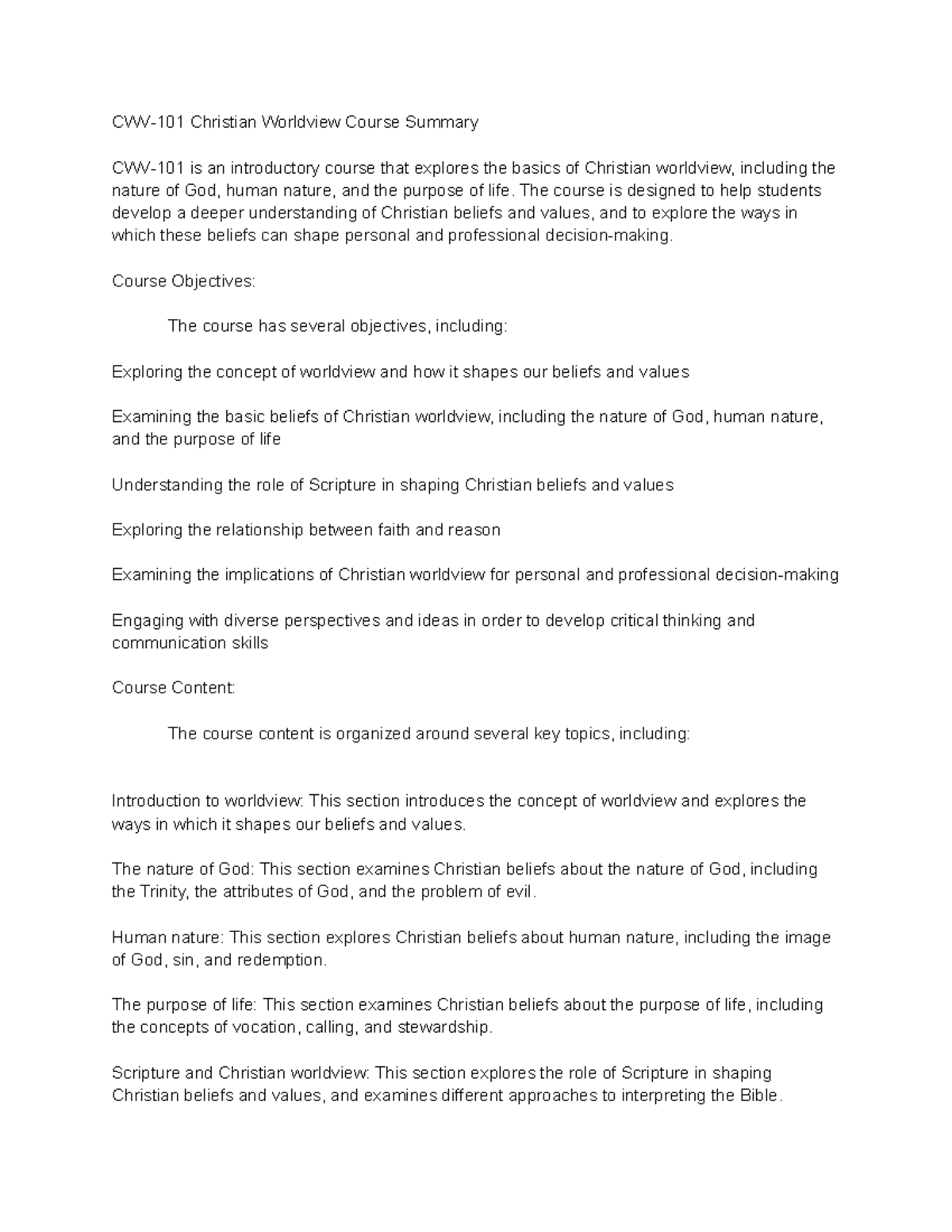 CWV-101 Course Summary: Exploring the Foundations of Christian ...