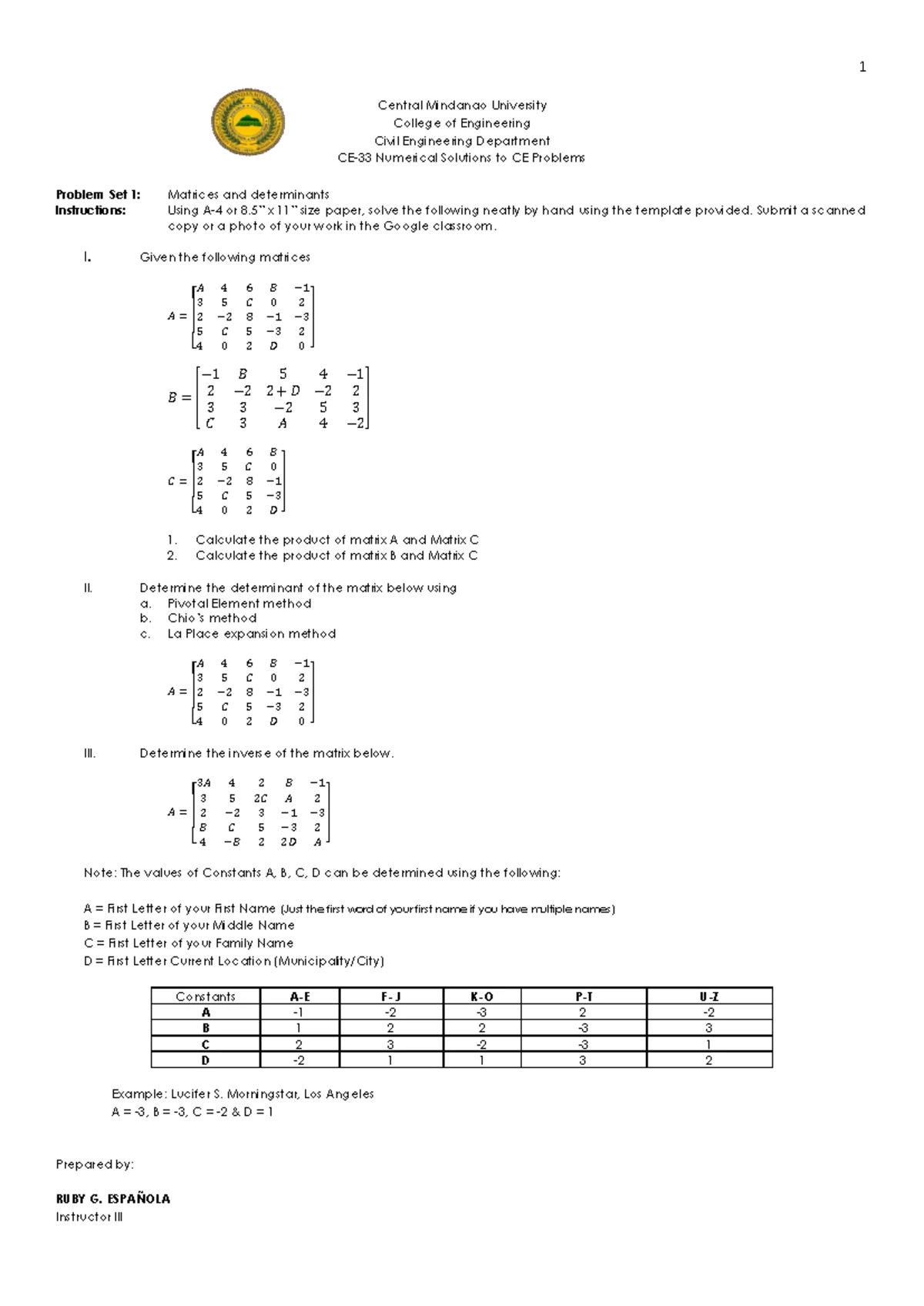 CE-33 PS-3 (2021) - CE-33 Numerical Solutions to CE Problems - 1 Central Mindanao University ...