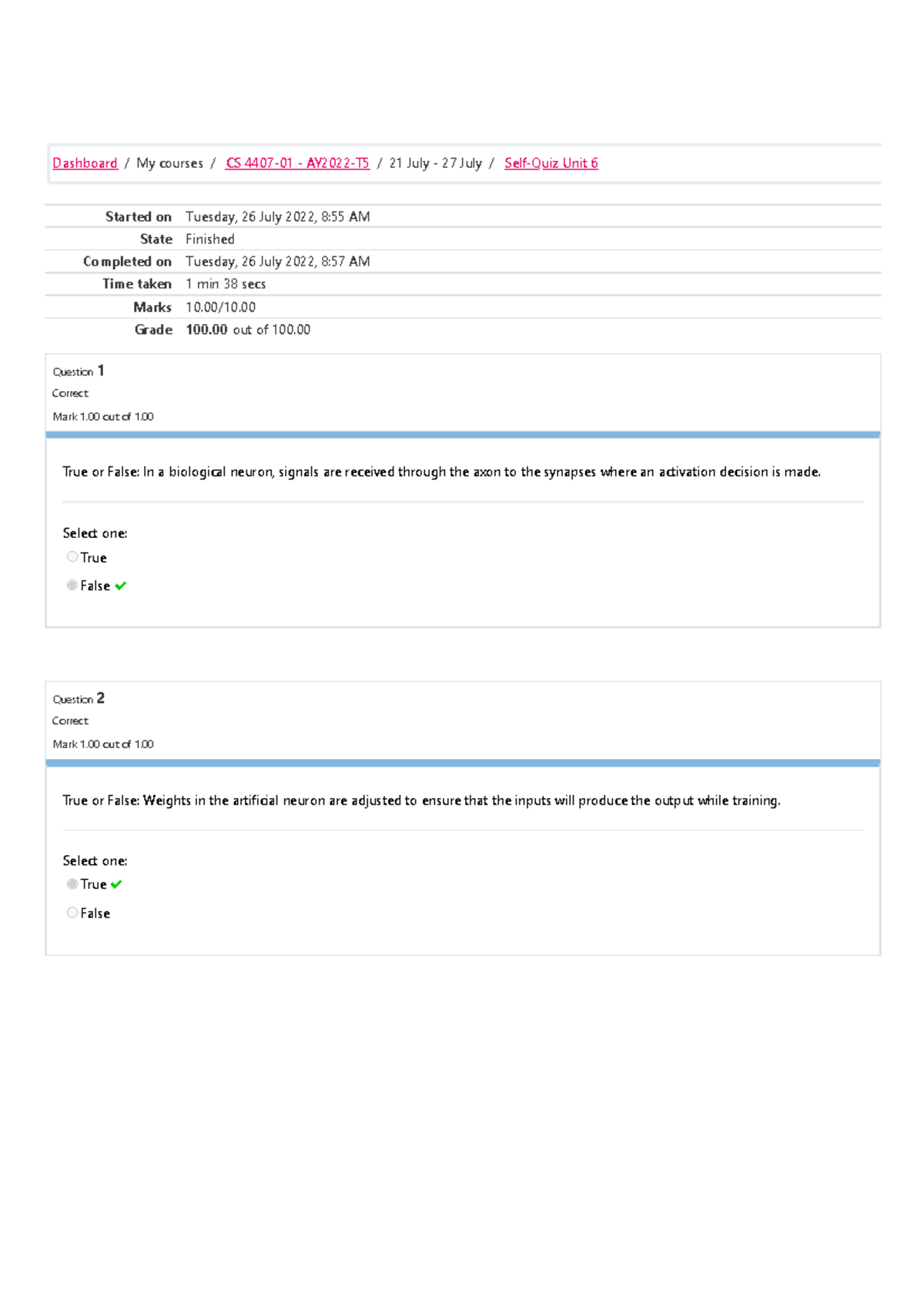 Self-Quiz Unit 6 Attempt review - Started on Tuesday, 26 July 2022, 8:55 AM State Finished ...