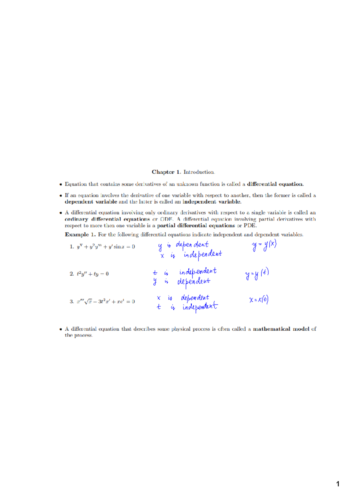 MATH 308 Chapter 1 (Introduction) - Chapter 1. Introduction. Equation that contains some - Studocu