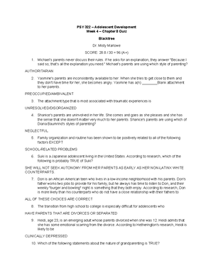 PSY322 Chapter 9 Quiz Score 92 out of 100 - PSY 322 – Adolescent ...