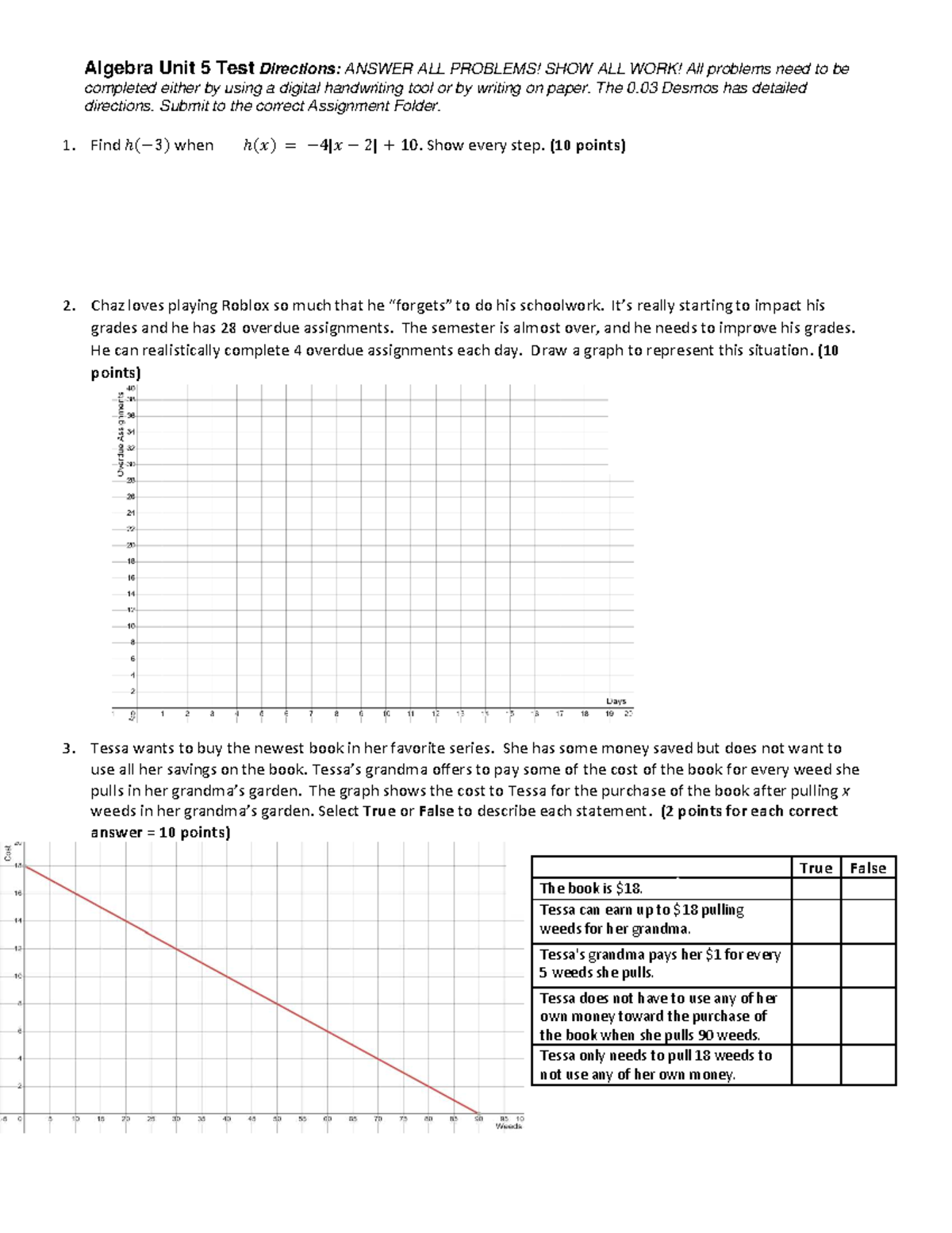 Algebra 101: Unit 5 Test Instructions and Problem Set - Studocu