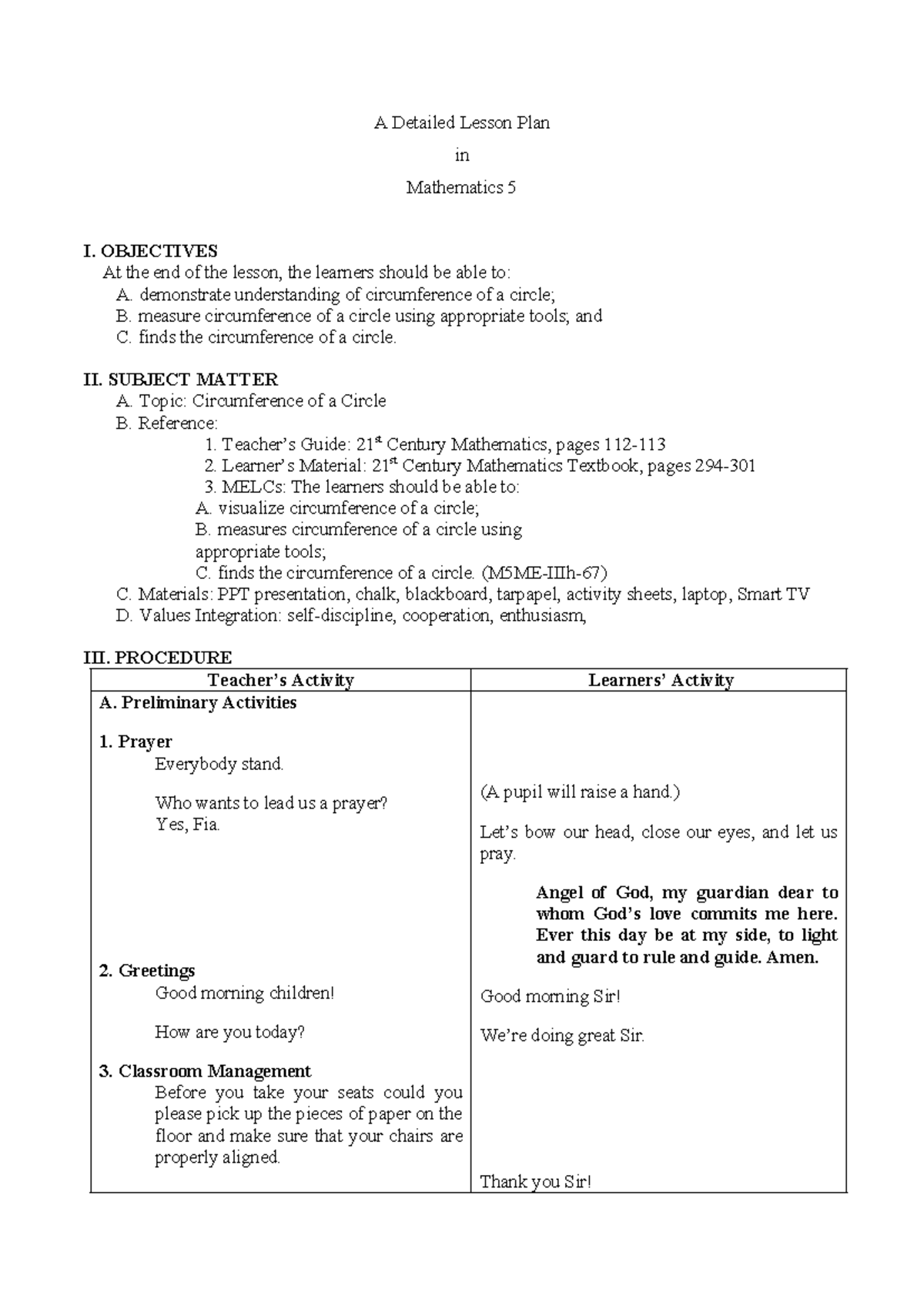 Math-5-DLP-Circumference of a Circle Lesson Plan - Week 9 - Studocu