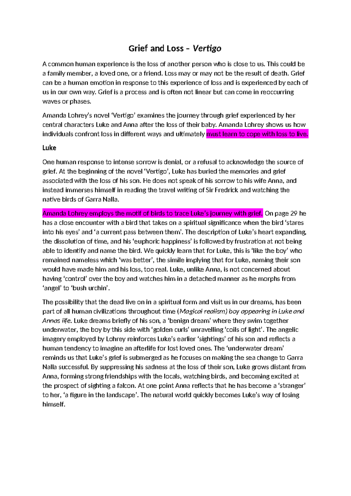 Grief and Loss in Amanda Lohrey's 'Vertigo' - An Analysis - Studocu