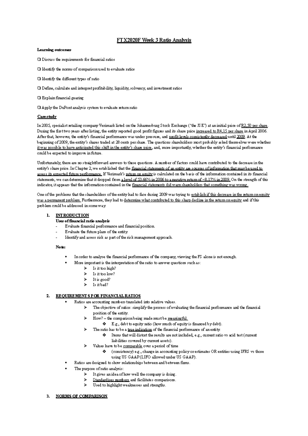 FTX2020F Week 3 Ratio Analysis Lecture Notes - Studocu