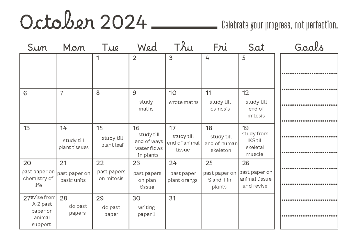 October 2024 Study Planner: Focus on Plant Tissues & Past Papers - Studocu