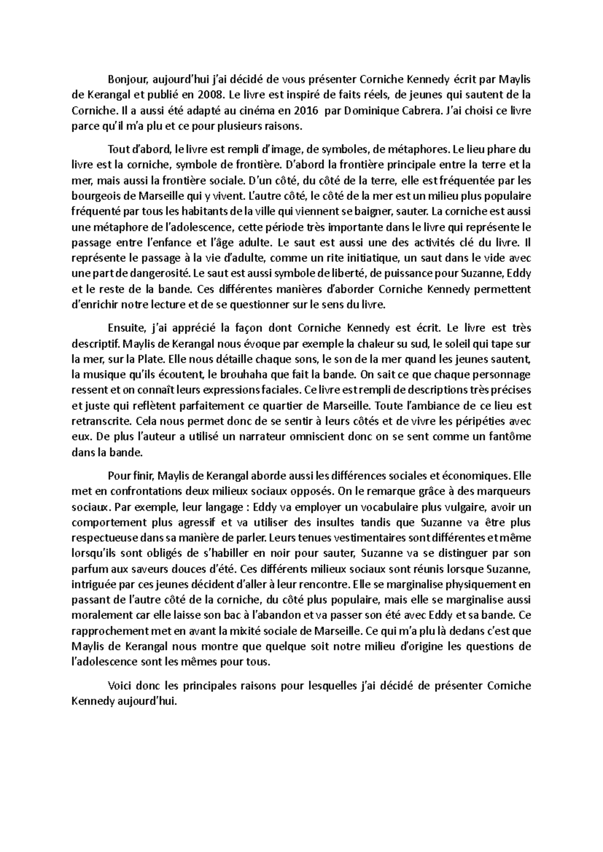 Présentation de "Corniche Kennedy" - Préparation Oral Bac Français ...
