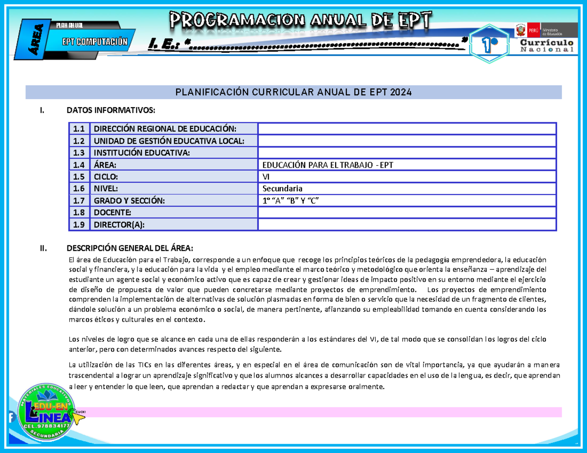 PLAN Anual EPT 1° Secundaria 2024: Diseño y Emprendimiento - Studocu