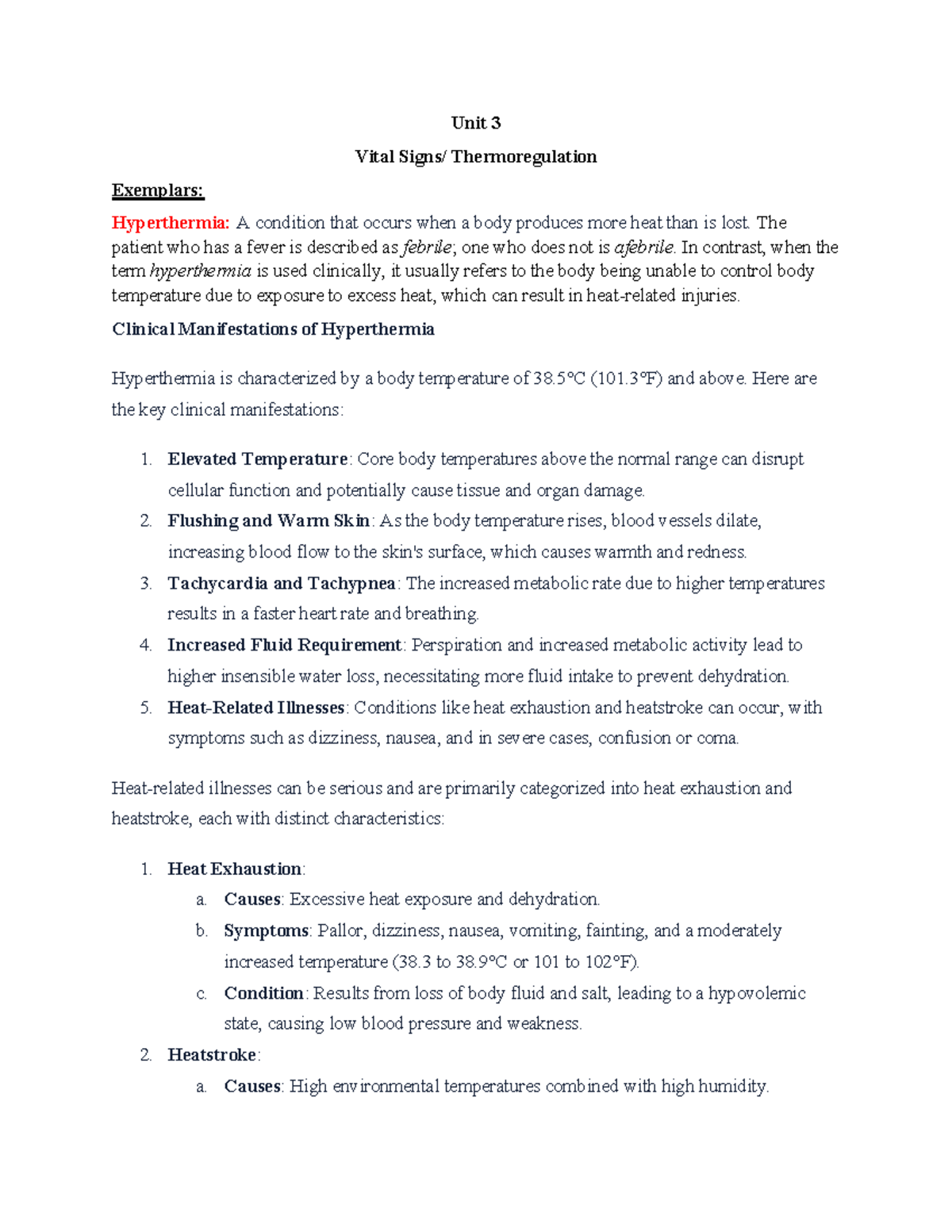 Unit 3 - Study Guide: Thermoregulation, Hyperthermia & Hypothermia ...