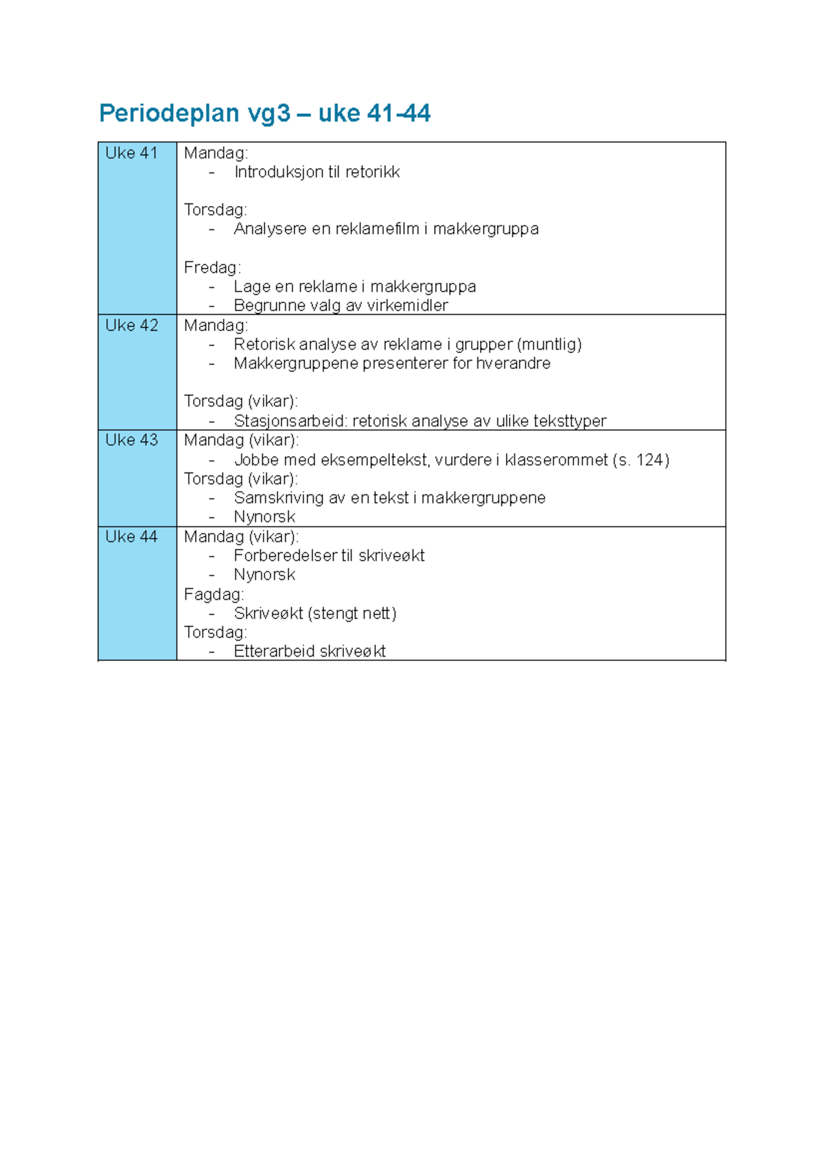 Periodeplan retorikk vg3 uke 41-44 - Periodeplan vg3 – uke 41- Uke 41 ...