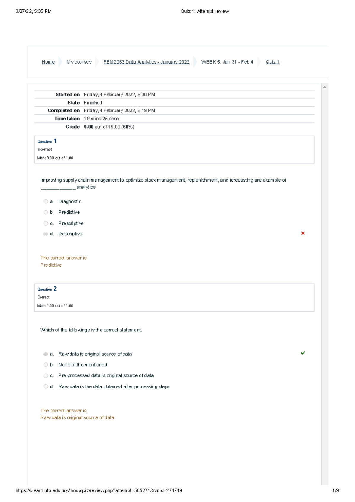 FEM2063: Data Analytics Quiz 1 Attempt Review and Solutions - Studocu