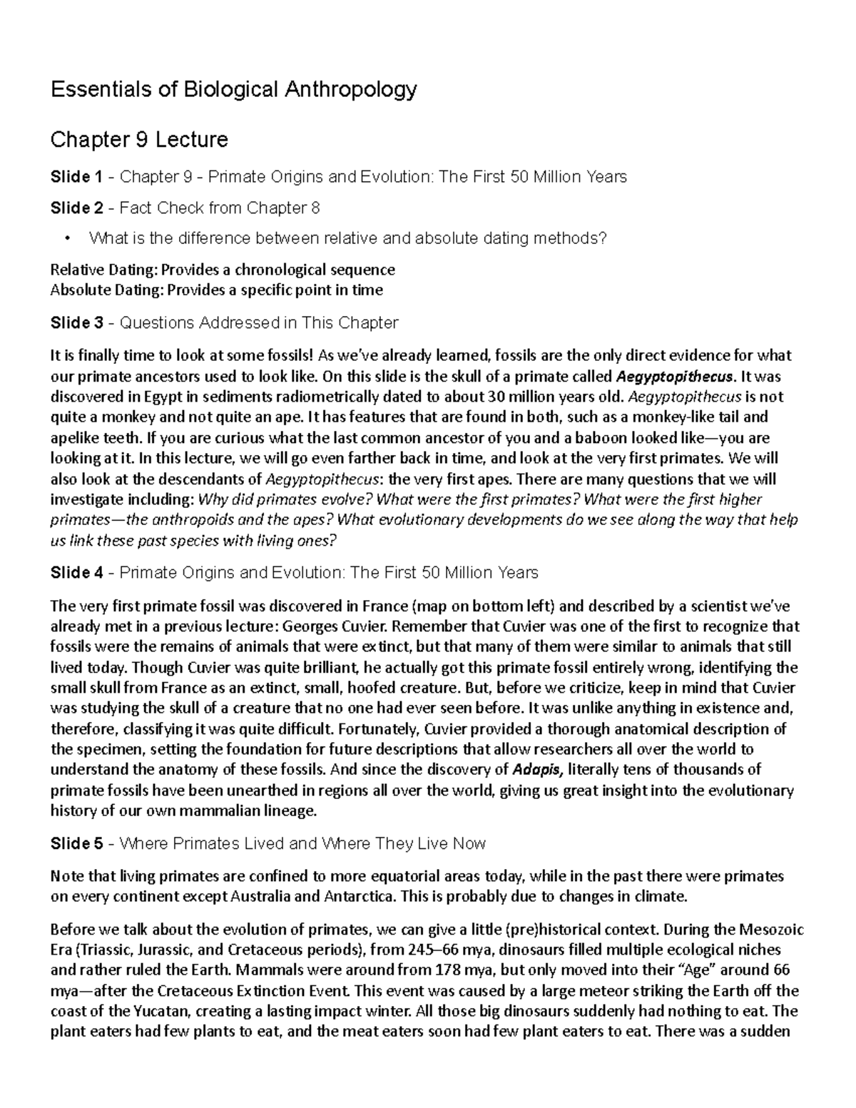 Primate Origins and Evolution: Lecture Notes for EssBioAnCh9 - Studocu