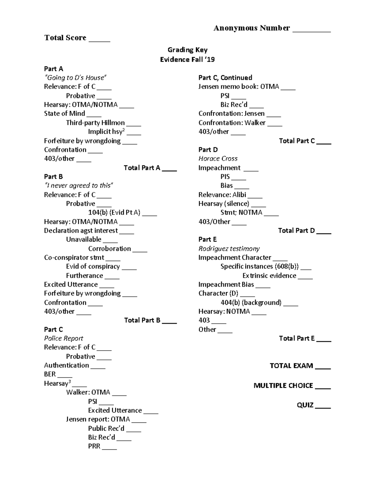 2019 Grading Key - Evidence - Anonymous Number _________ Total Score ...