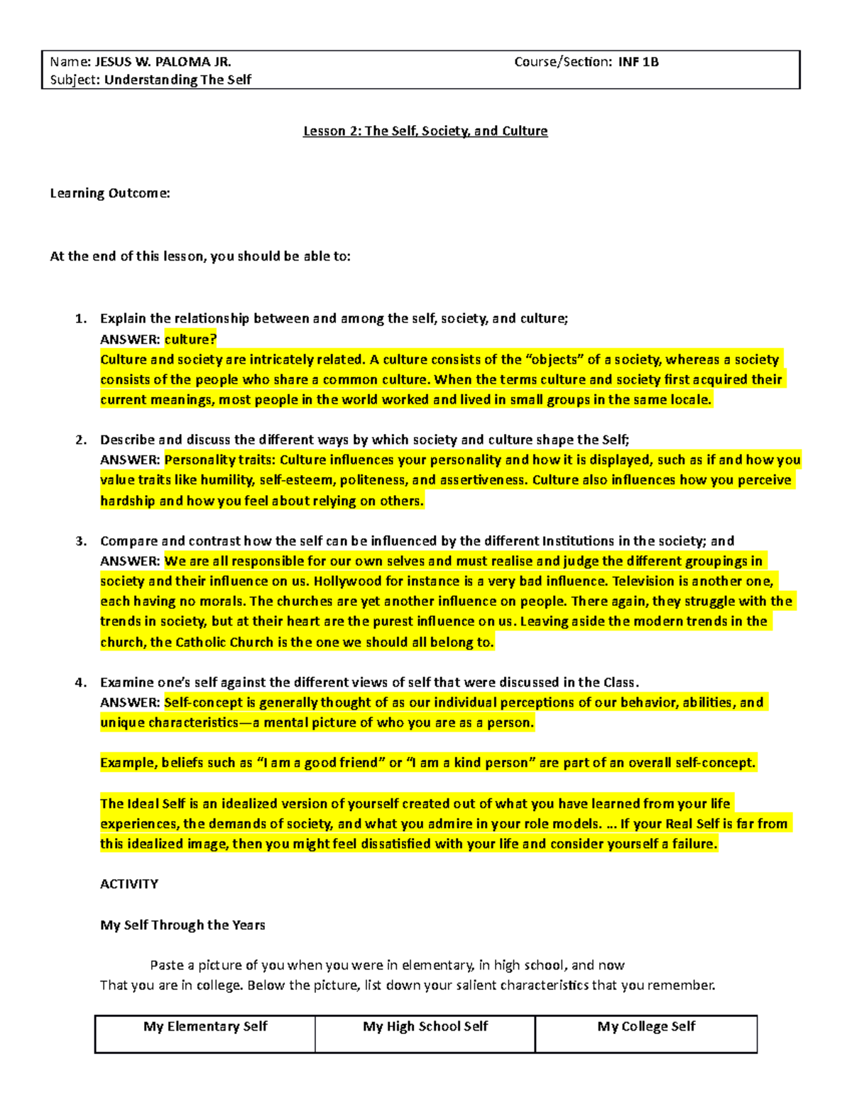 UTS Assignment Lesson 2 The Self Society and Cultu - Name: JESUS W ...