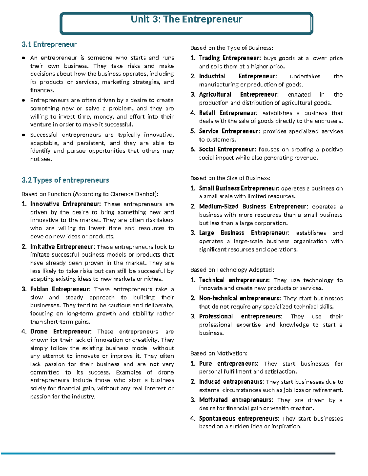 Unit 3 - Comprehensive Notes on Entrepreneurship and Types - Studocu