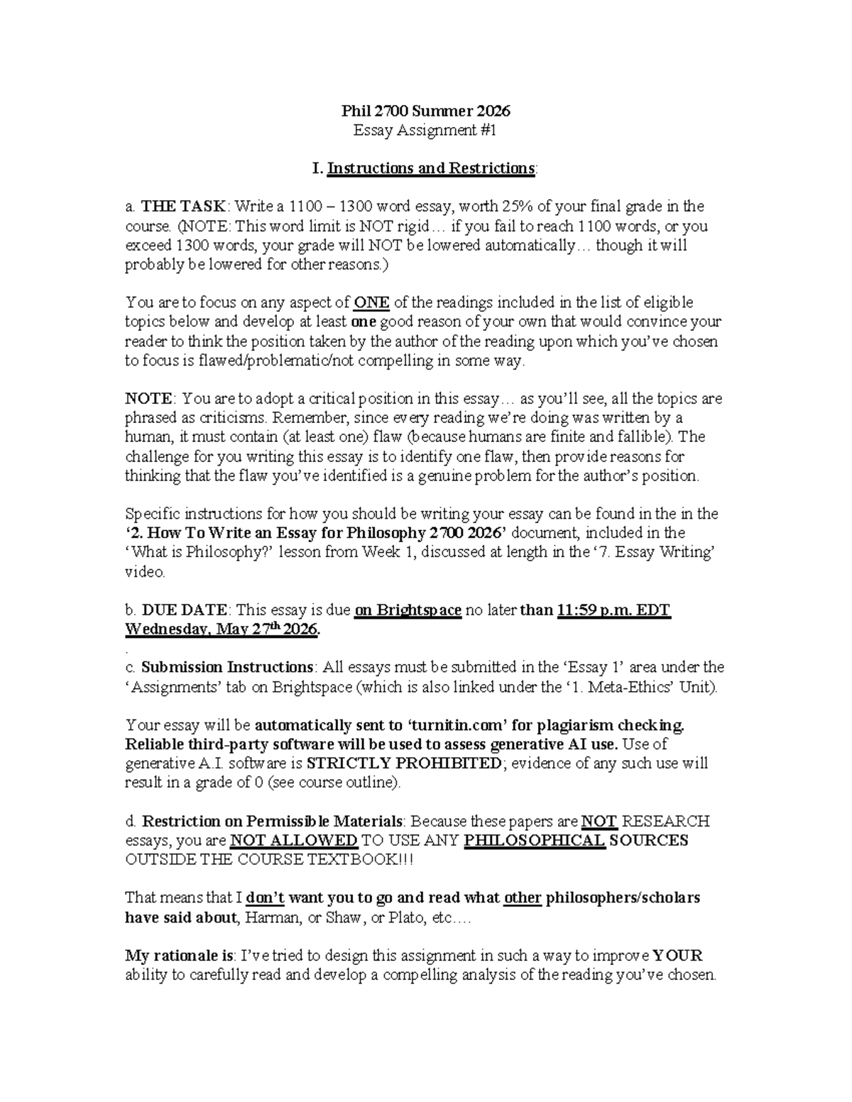 Phil 2700 Summer 2026 Essay Assignment I: Topics & Guidelines - Studocu