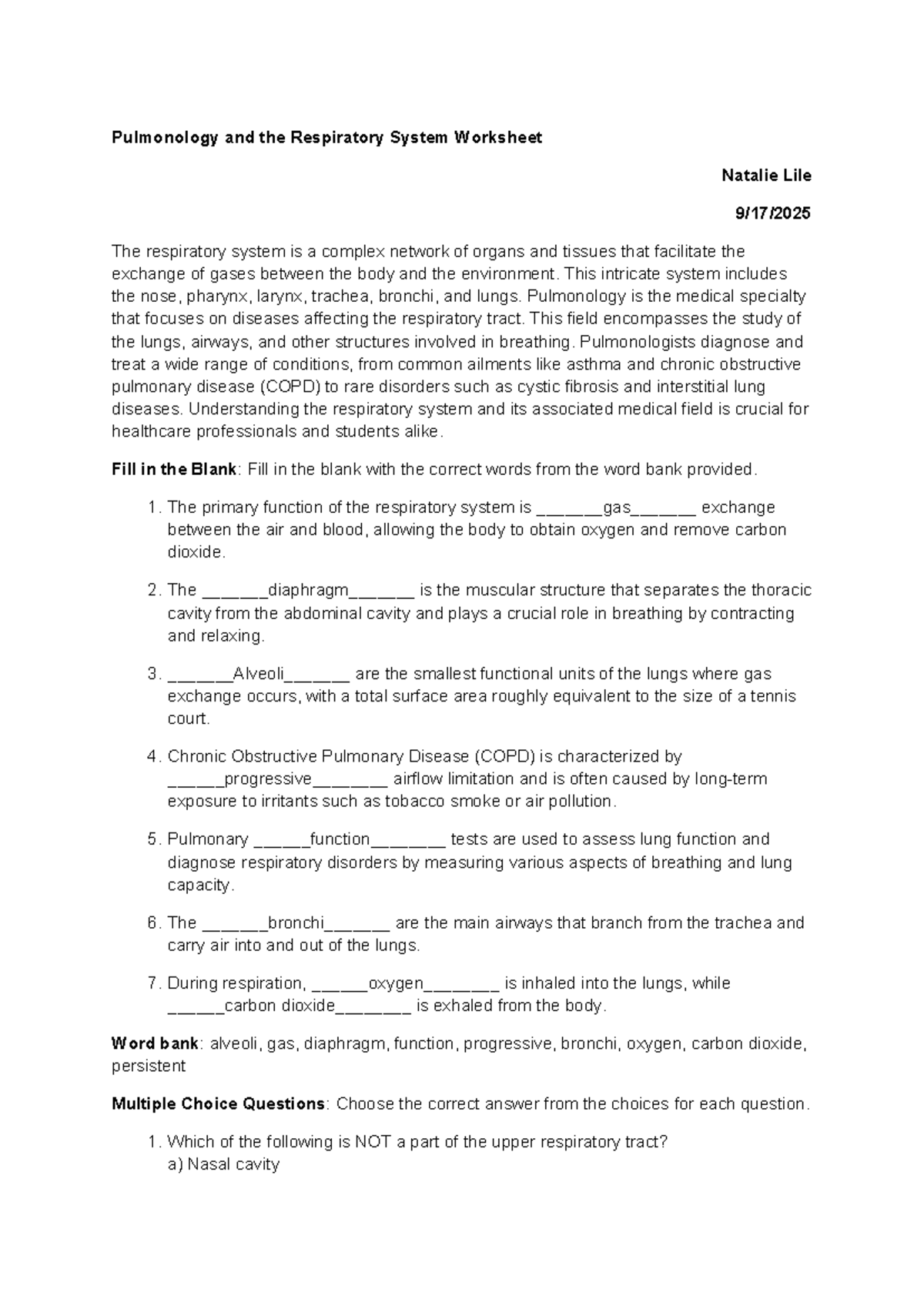Pulmonology & Respiratory System Worksheet (Week 4 Assignment) - Studocu