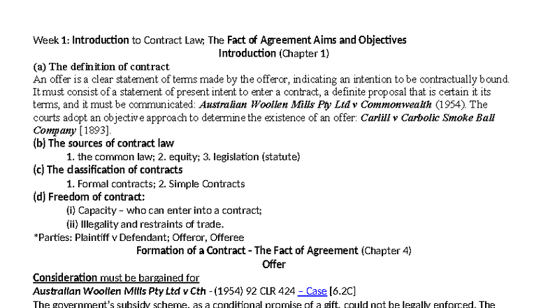 W1: Intro to Contract Law & Formation - Key Concepts and Cases - Studocu