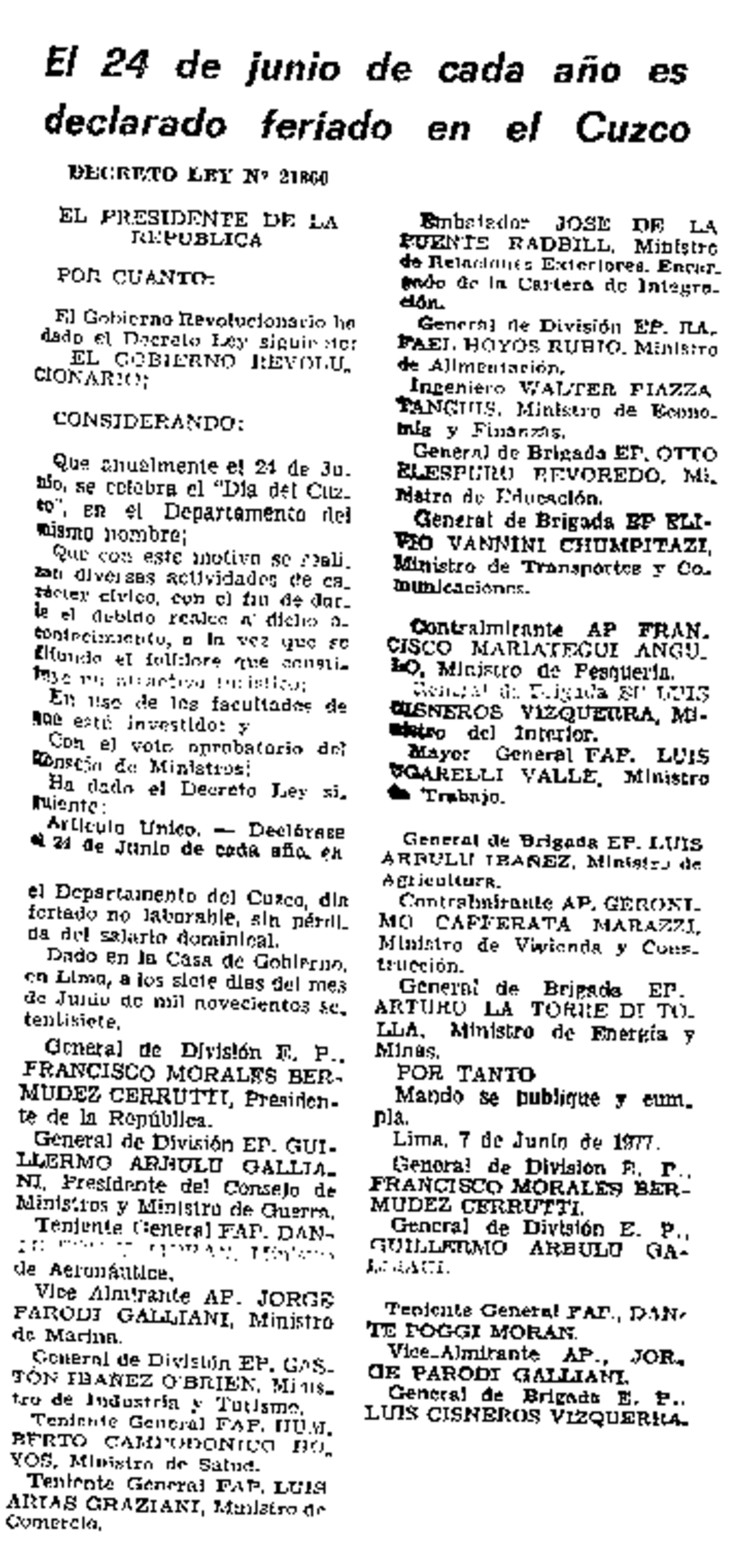 Decreto Ley N° 21860 - Feriado Nacional en Cusco (24 de Junio) - Studocu