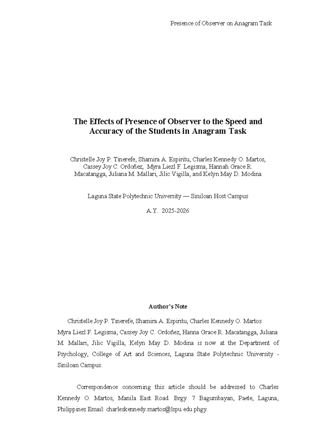 Effects of Observer Presence on Anagram Task Performance (PSY 101 ...