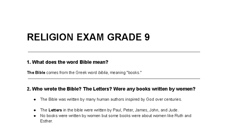 Grade 9 Religion Exam: Key Concepts and Questions - Studocu