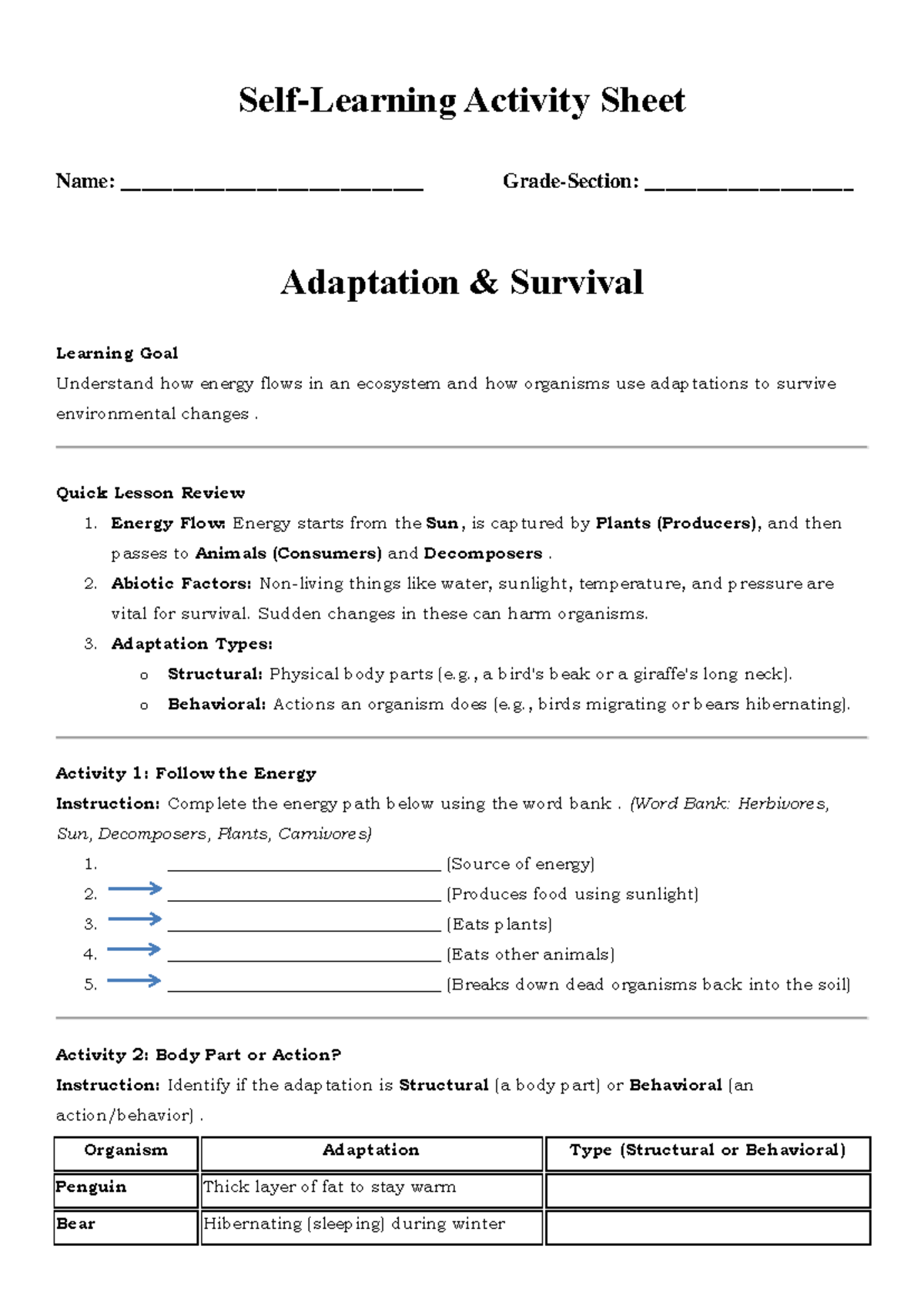 LAS Adaptation & Survival: Energy Flow & Organism Adaptations - Studocu