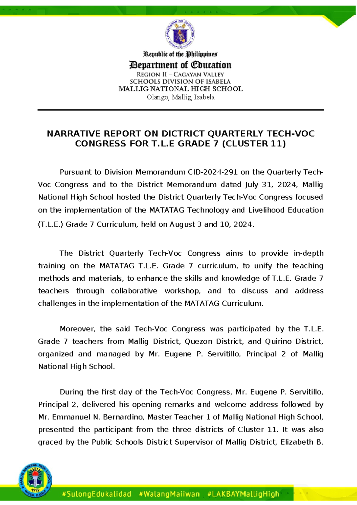 Narrative Report on T.L.E. Grade 7 Tech-Voc Congress 2024 - Studocu