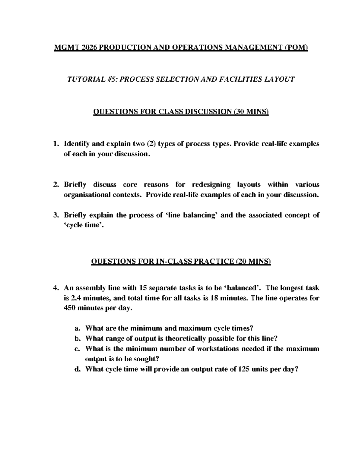MGMT 2026 Tutorial 5: Process Selection & Facilities Layout Notes - Studocu