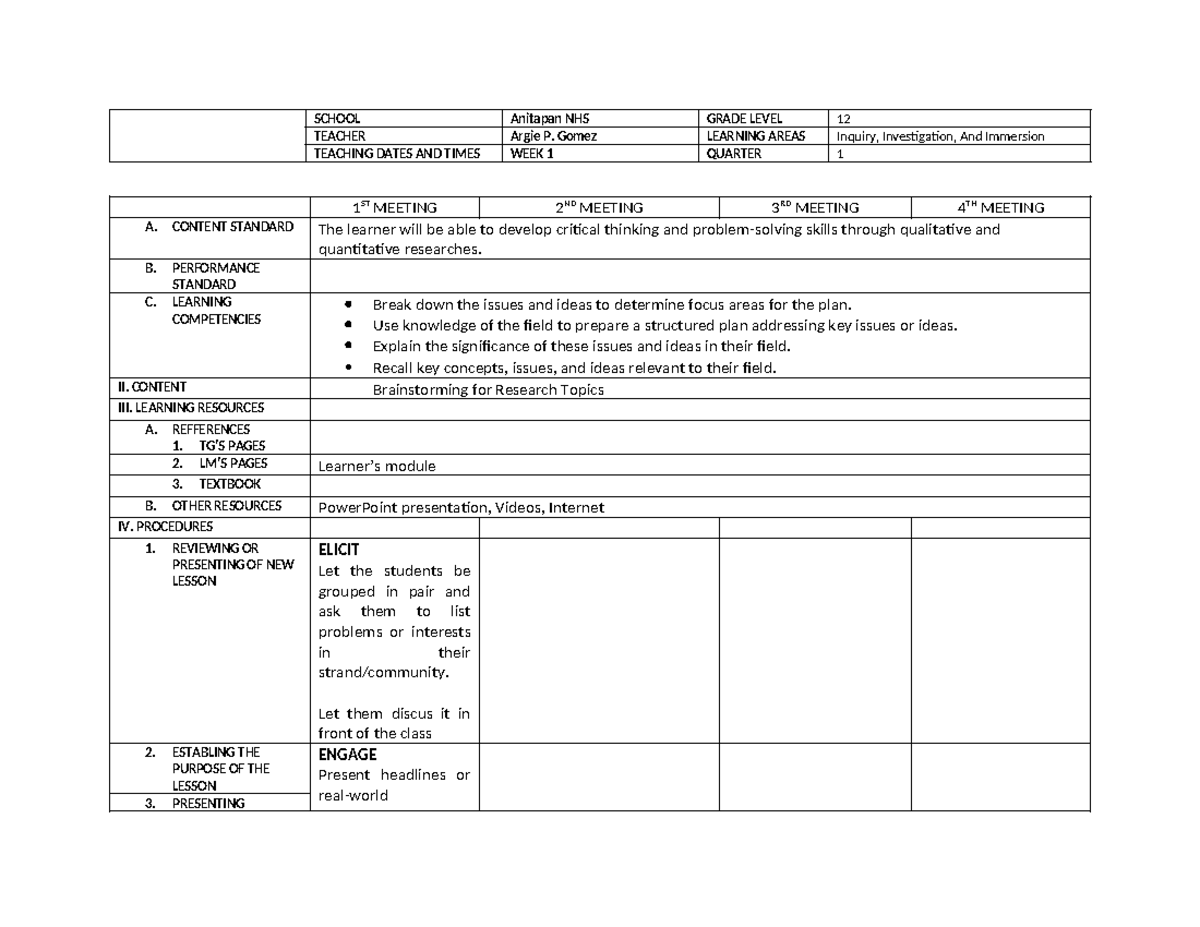 WEEK 1 TEACHING PLAN: INQUIRY & RESEARCH TOPICS (GRADE 12) - Studocu