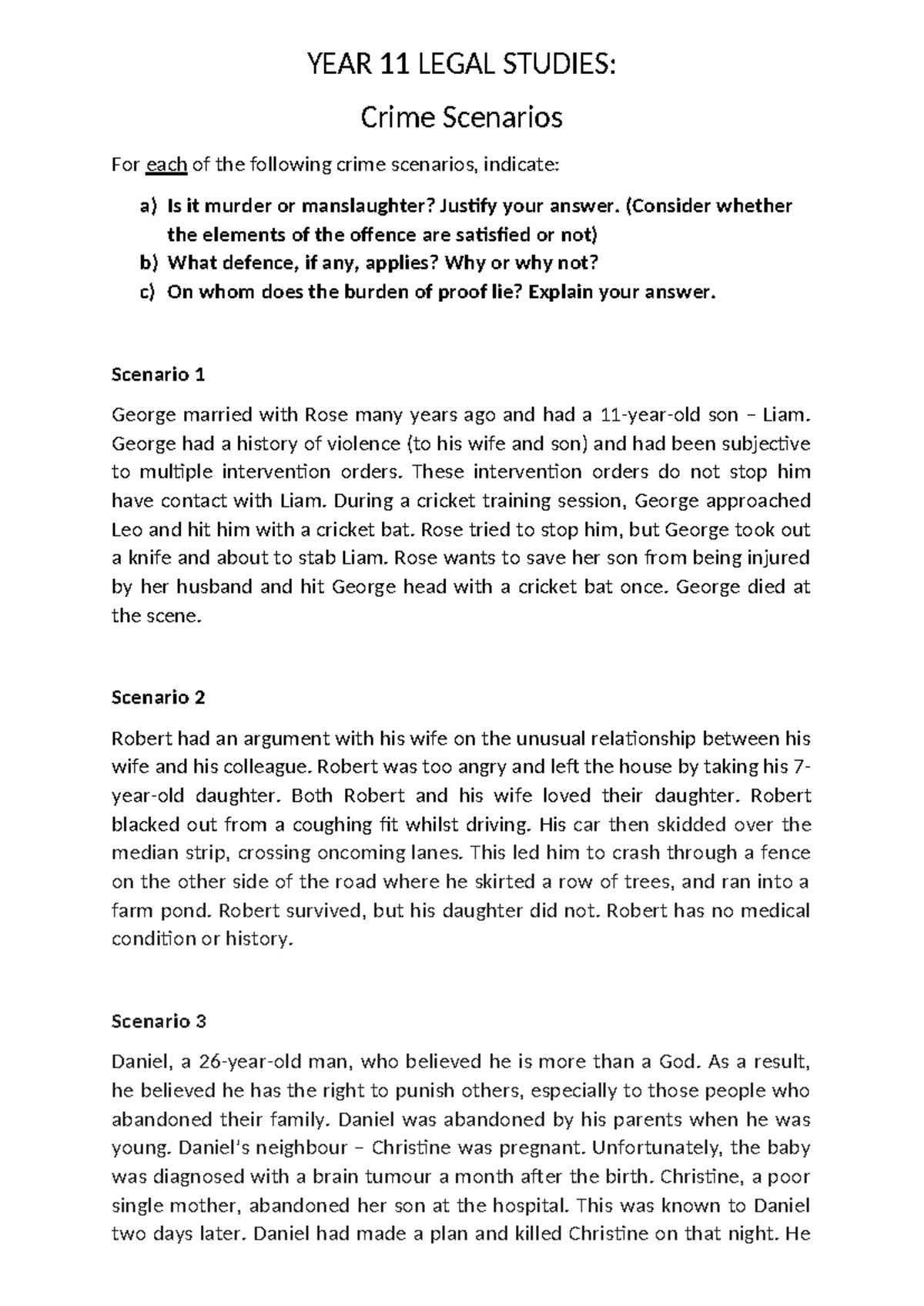 YEAR 11 LEGAL STUDIES: Murder vs Manslaughter Scenarios Analysis - Studocu