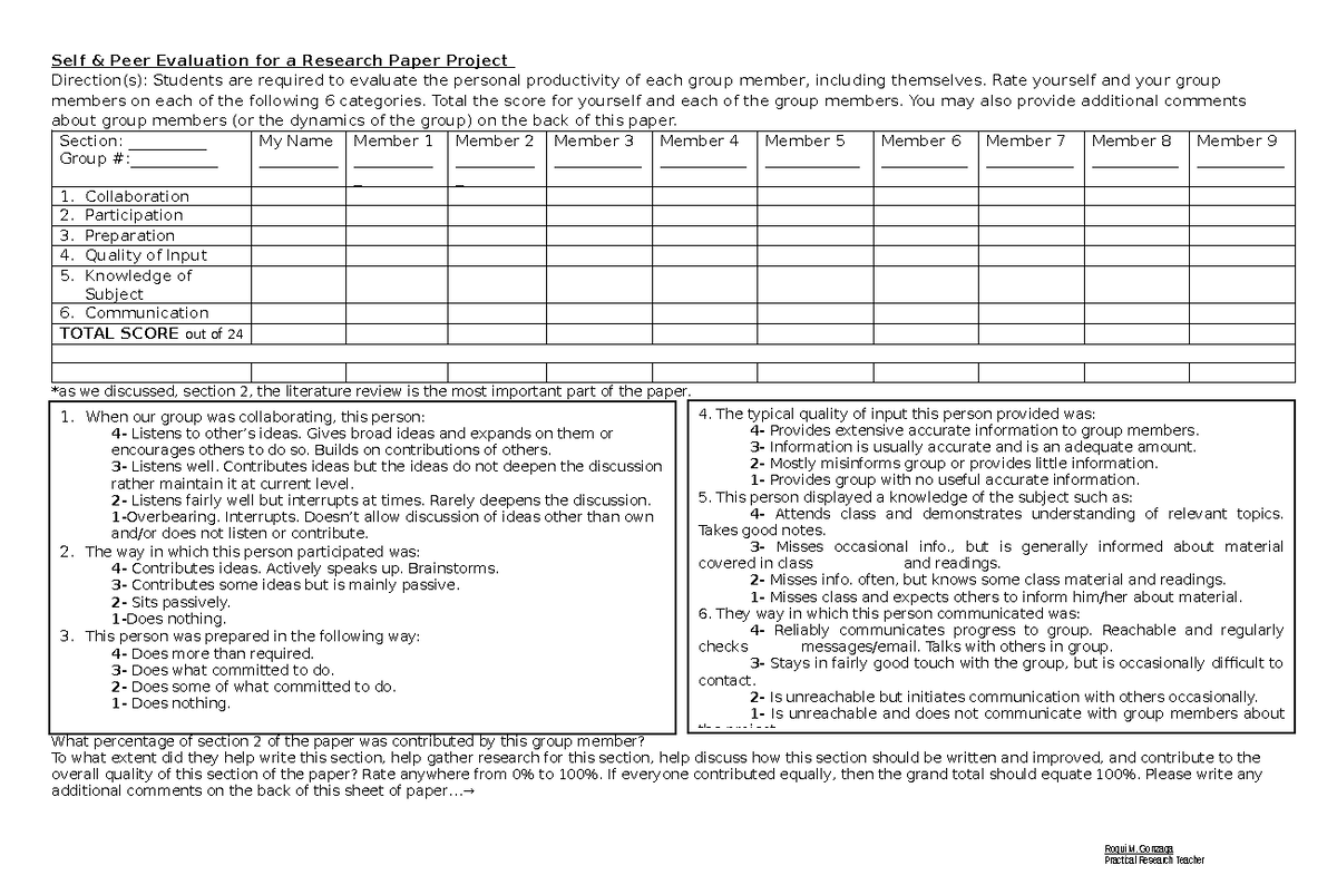 Peer Evaluation Form for Research Paper Project (Group Activity) - Studocu
