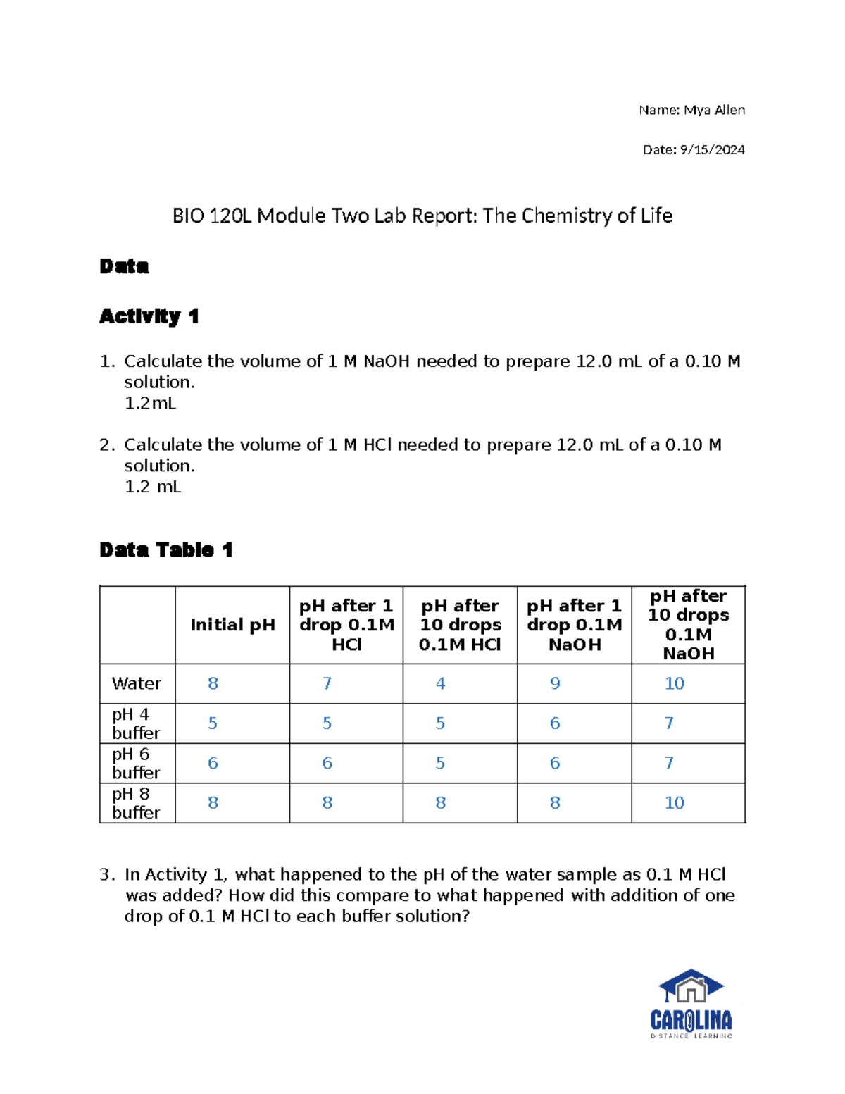 BIO 120L Module Two Lab Report: The Chemistry of Life Analysis - Studocu