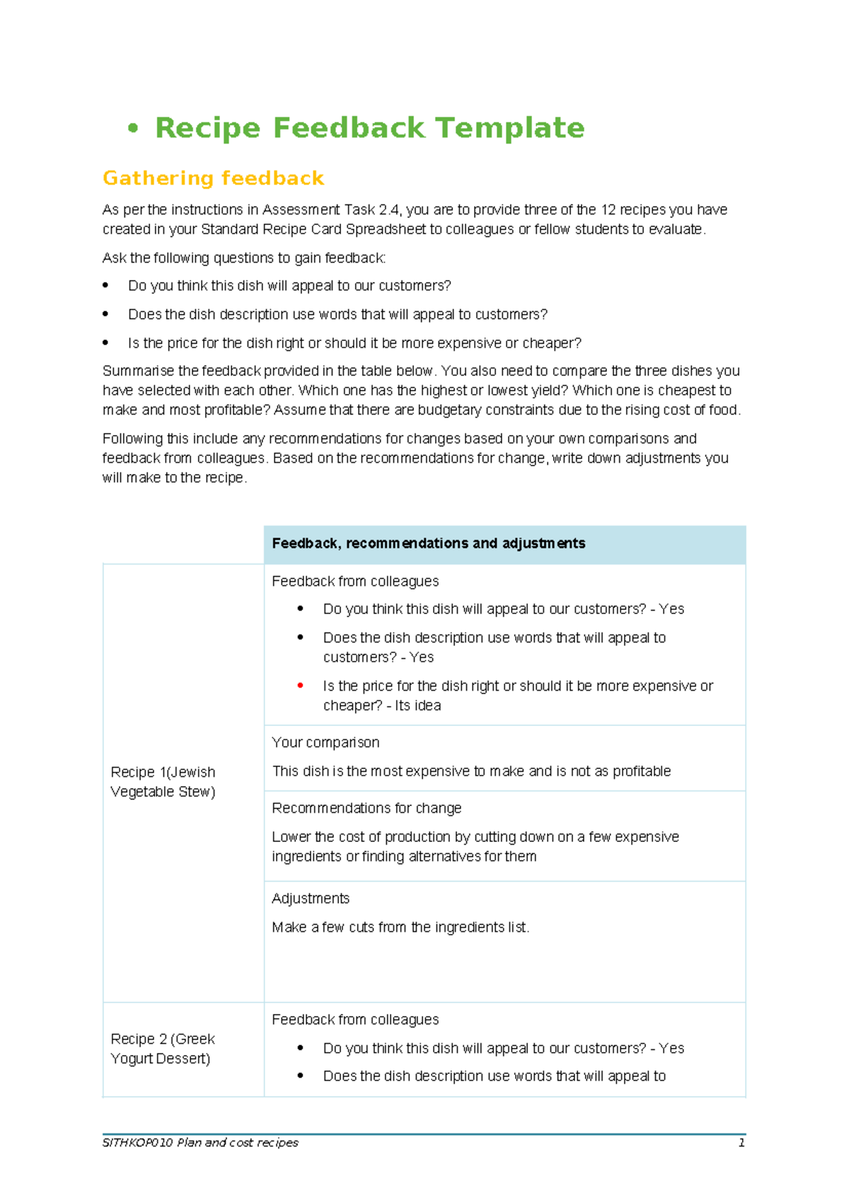 SITHKOP010 Recipe Feedback & Cost Analysis Template - Studocu