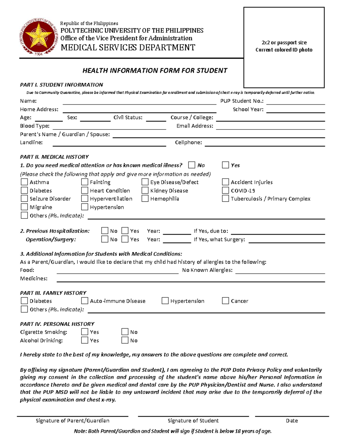 PUP Medical Health Info Form for Students 2021 - Studocu