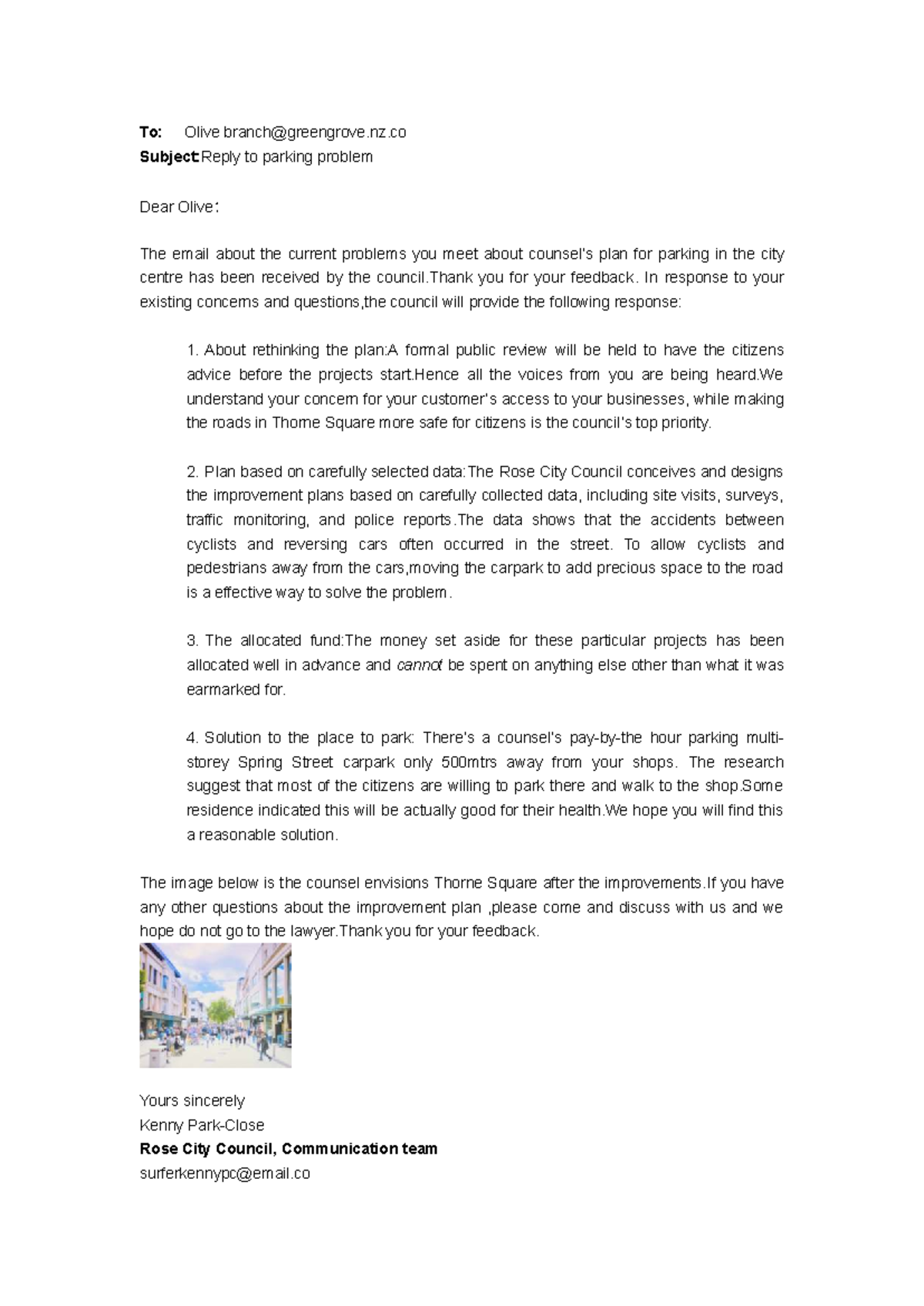 Email - Response to Parking Issues in Thorne Square - Studocu