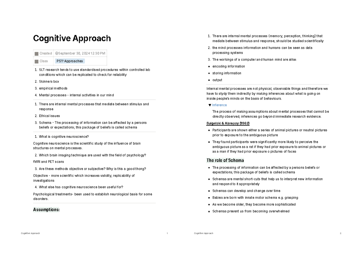 Cognitive Approach: Understanding Mental Processes and Schemas - Studocu