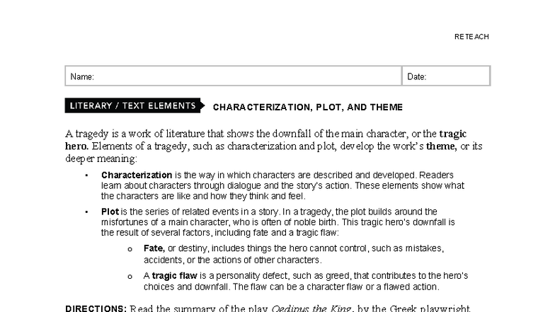Characterization, Plot, and Theme in Tragedy: Oedipus the King (RETEACH ...