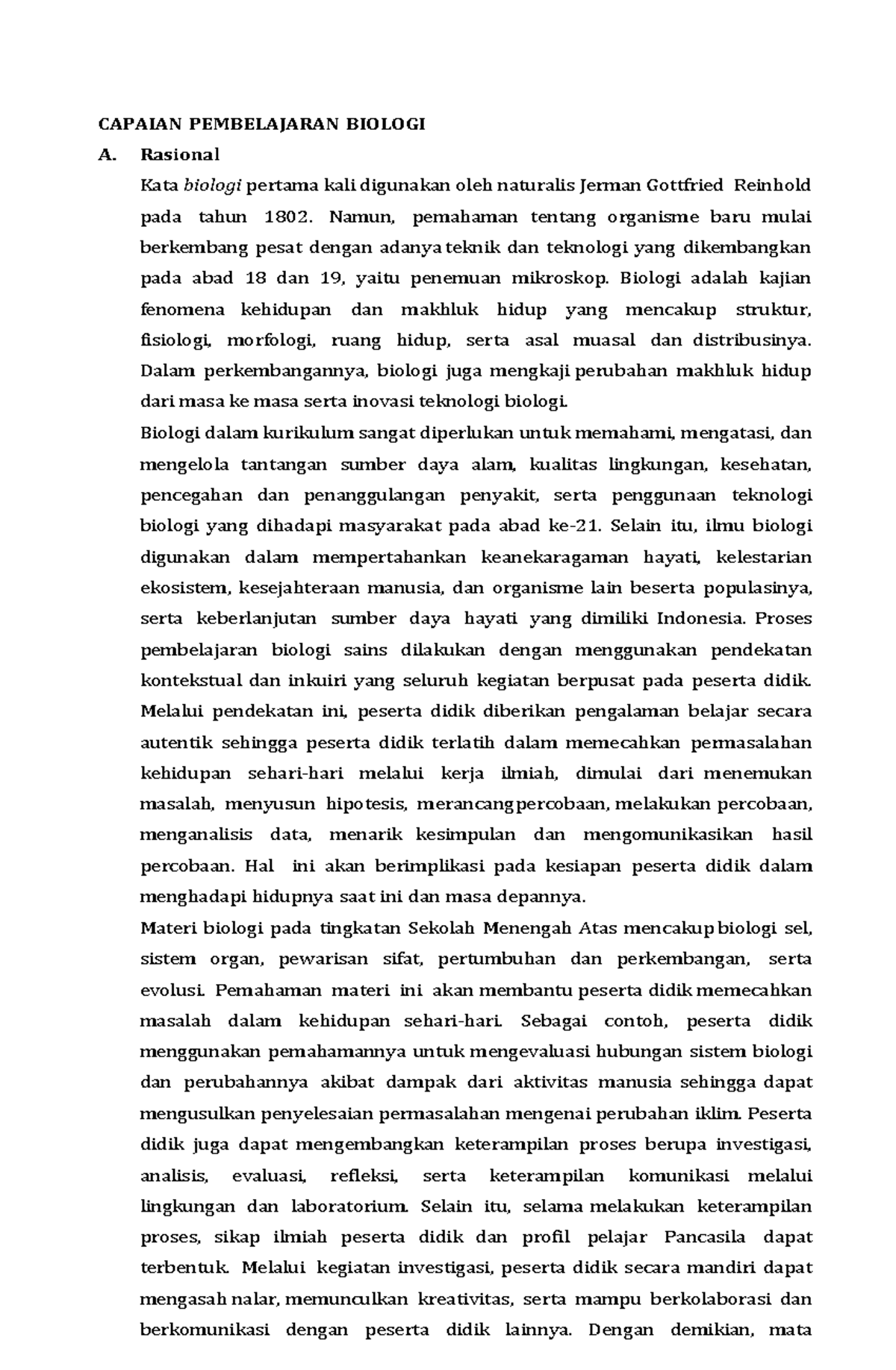 Capaian Pembelajaran 2024: Biologi untuk Kelas XI dan XII - Studocu