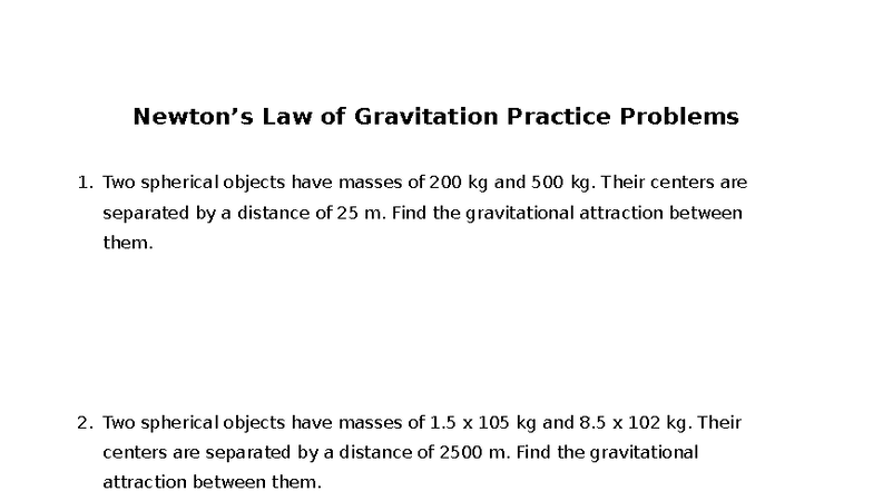 Gravitation Practice Problems: Newton's Law of Gravitation - Studocu