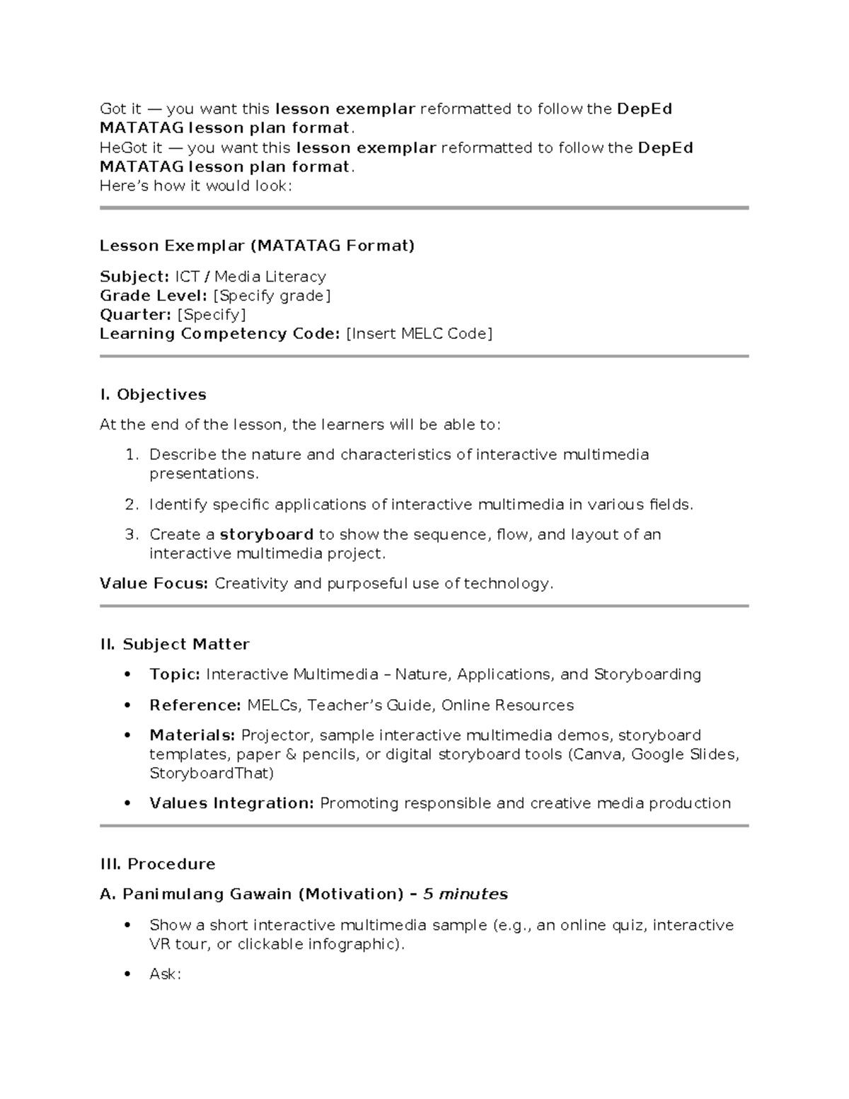 Lesson Exemplar: Interactive Multimedia (MATATAG Format) - Studocu