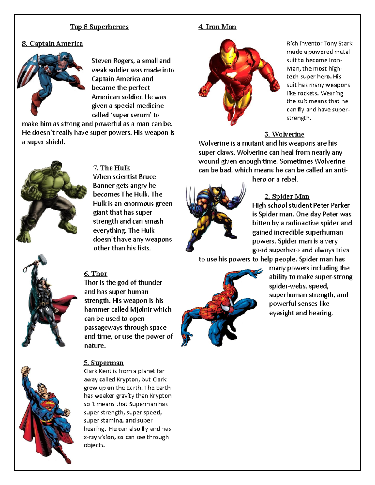 6 Superheroes Reading Activity - Class Exploration Notes - Studocu