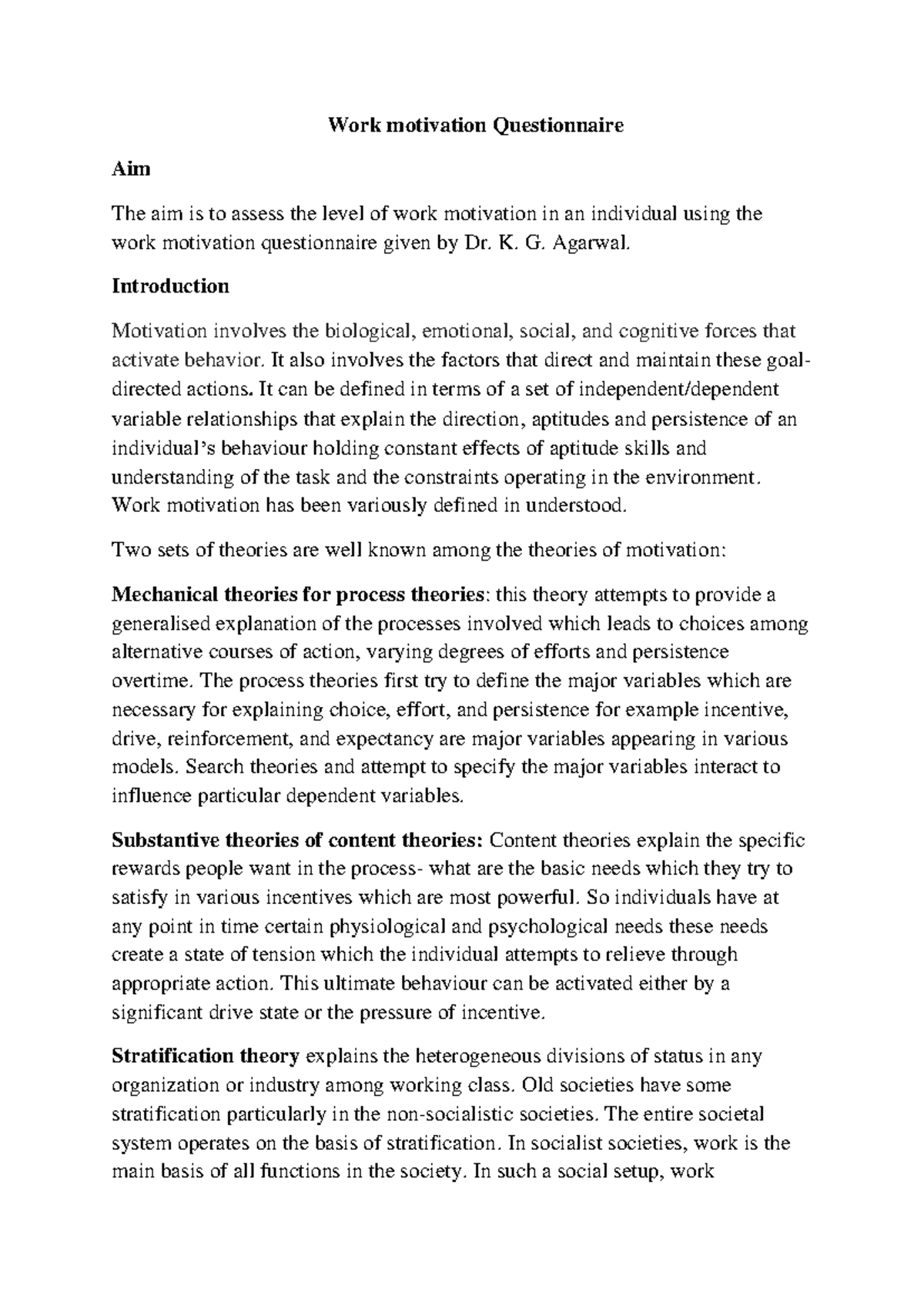 Test 3 Sem 5 - Assessment of Work Motivation Questionnaire Results ...